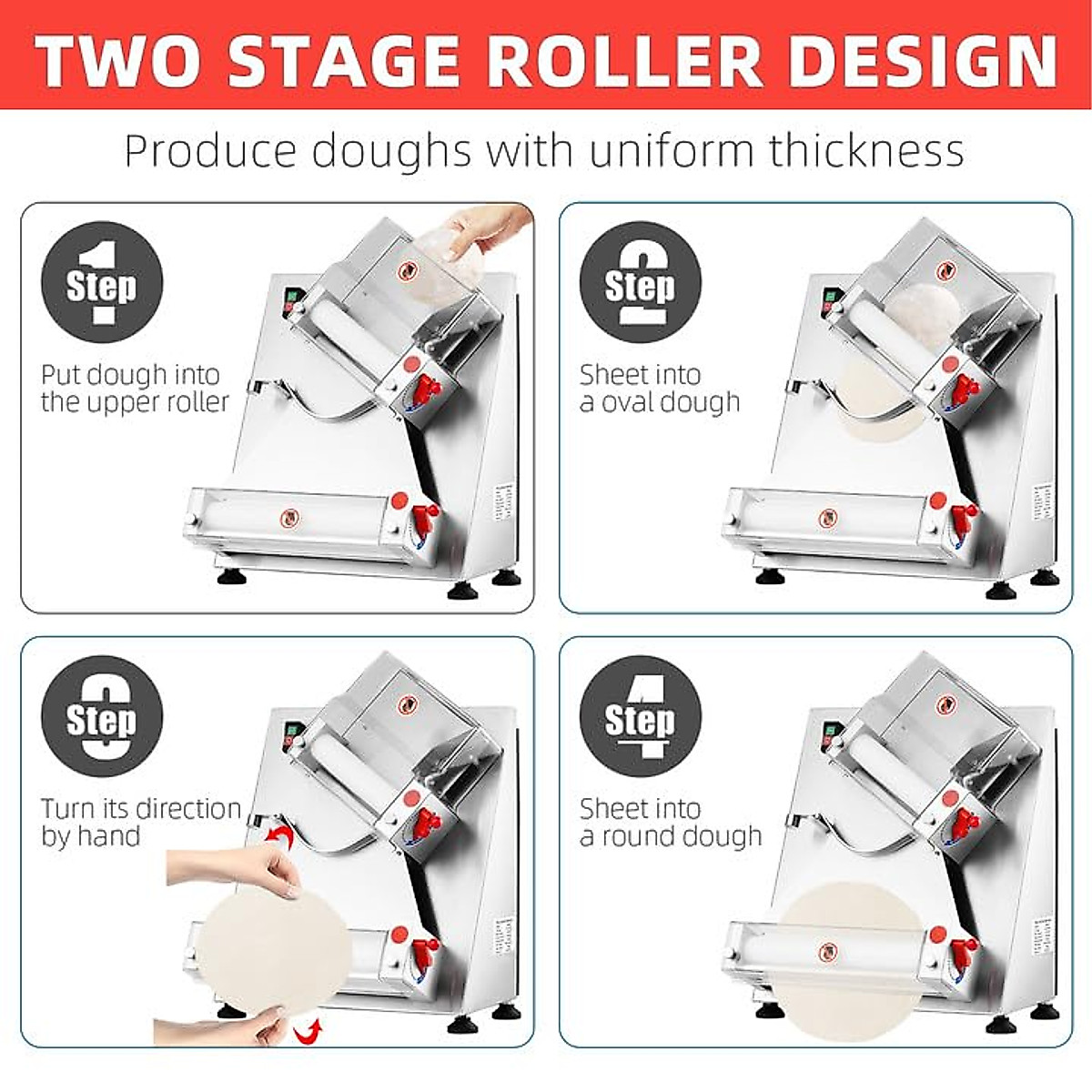 Pizza Dough Roller Sheeter, Max 12" Automatic Commercial Dough Roller Sheeter, 370W Electric Pizza Dough Roller Stainless Steel, Suitable for Noodle Pizza Bread and Pasta Maker Equipment