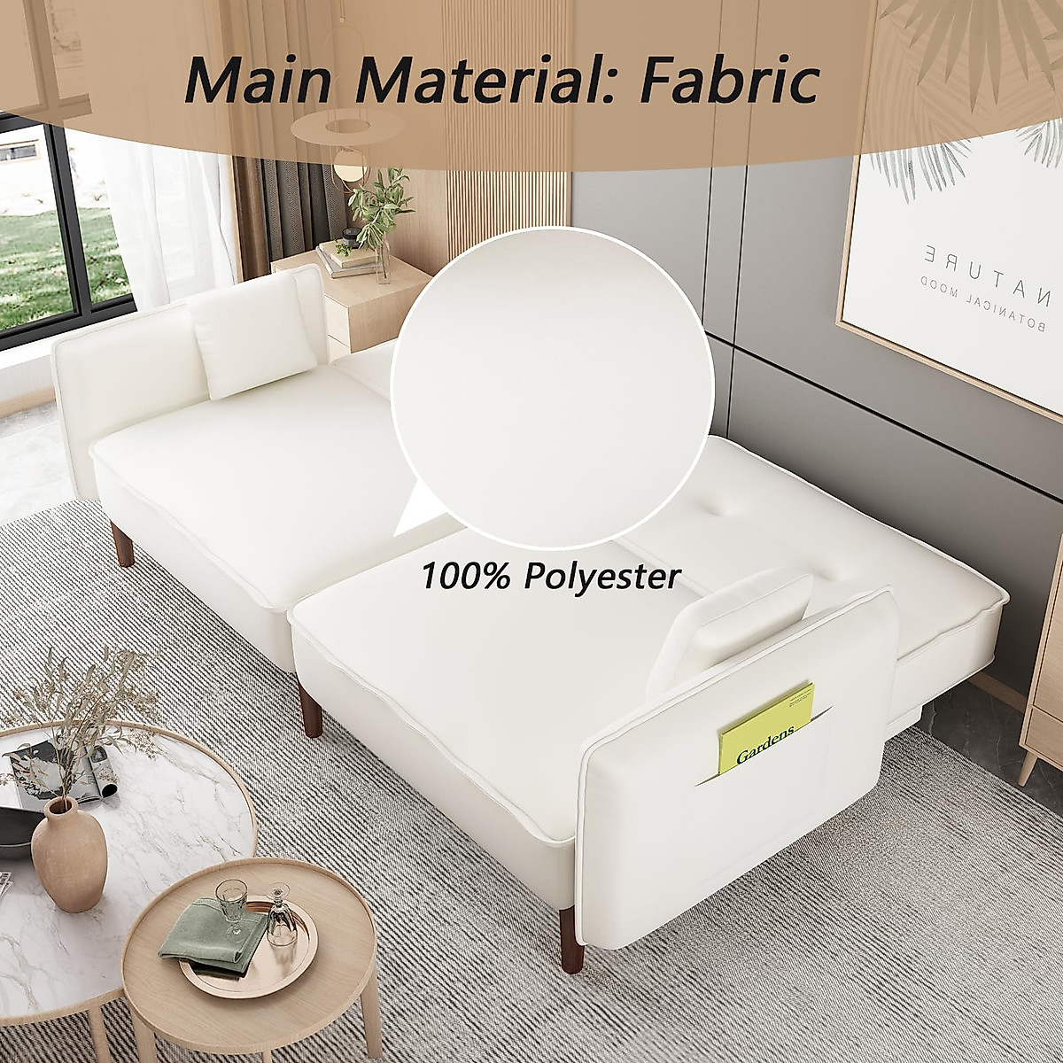 Altillo Modern Upholstered Convertible Futon Sofa Bed with Storage Pockets and 2 Pillows, Foldable Sleeper Sofa Armrest Couch w/6 Solid Wood Legs for Living Room Apartment (White)