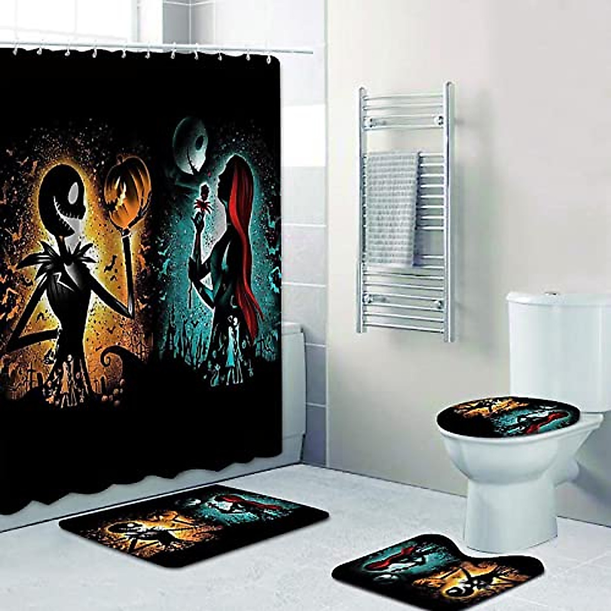 NEWSUYAA Halloween Decorations Shower Curtain Set with Non-Slip Rugs and Bath Mats,Nightmare Before Christmas Bathtub Curtains with 12 Hooks,Waterproof Bathroom Decor