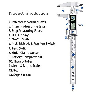 Proster Digital Vernier Caliper 6inch/150mm + 32 Feeler Gauges Dial Calipers Electronic Caliper Fractions/Inch/Metric Calipers Measuring Tool for Length Width Depth Inner/Outer Diameter