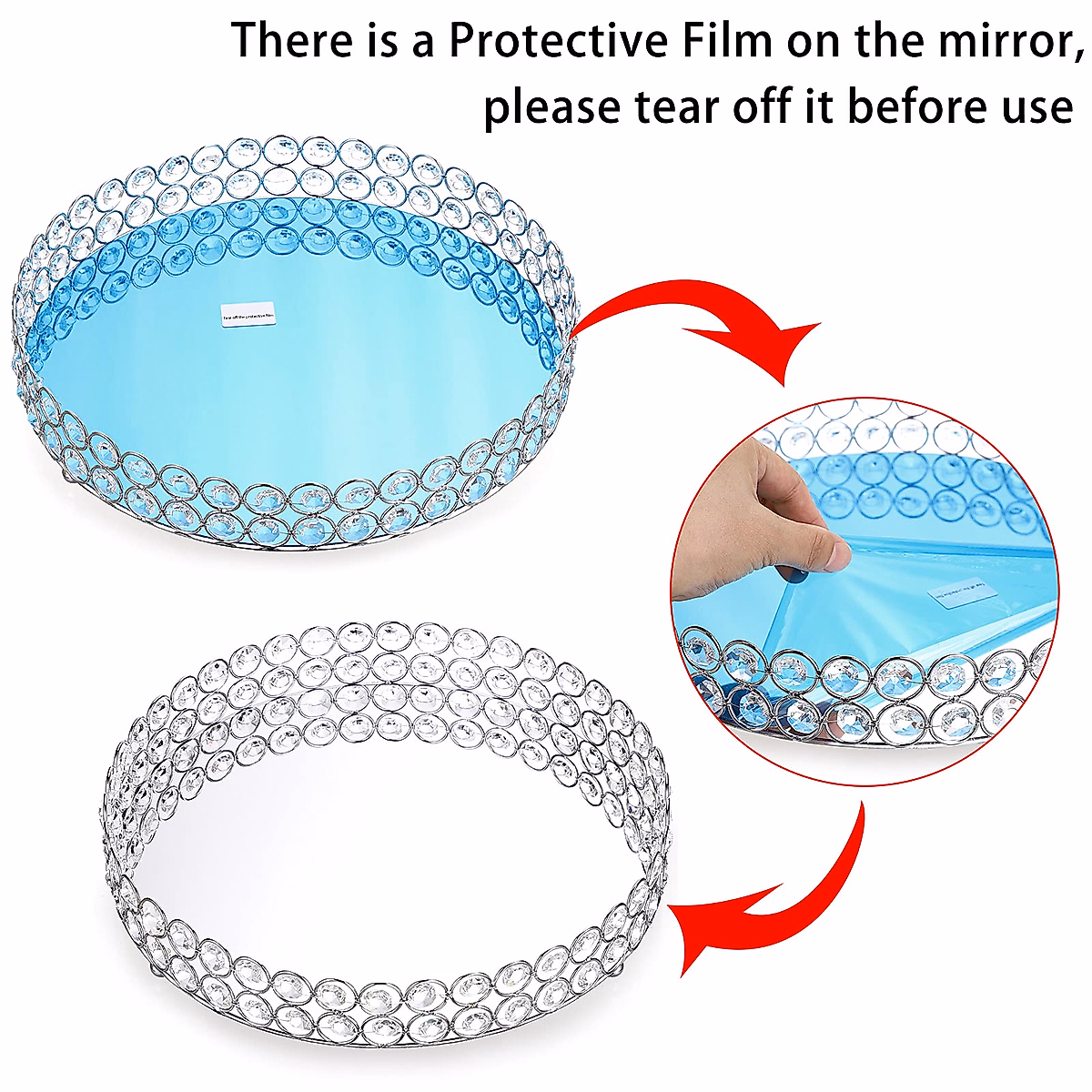 Hipiwe Crystal Vanity Tray -11.8” inch Large Mirror Jewelry Trinket Display Tray Make up Cosmetic Organizer Tray Perfume Tray Dresser Tray Bathroom Tray for Home Decor