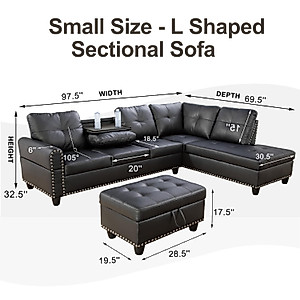 Ocstta Leather Sectional Sofa Sets,Living Room Furniture Sets and Leather Couch Set,L Shaped Couches with Sofa Back Panel Cup Holders and Storage Footstool(Sectional Couch Set+Ottoman) Black