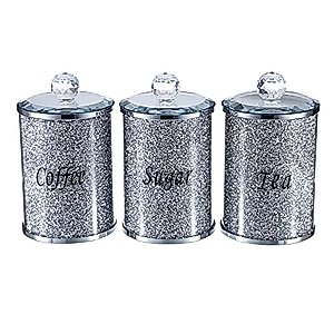 JUXYES Set of 3 Sparky Glass Crushed Diamonds Canisters Set for Sugar Coffee Tea, Luxurious Diamond Style Storage Containers Sets with Lids Decorative Storage Pots for Kitchen Counter Dining Room