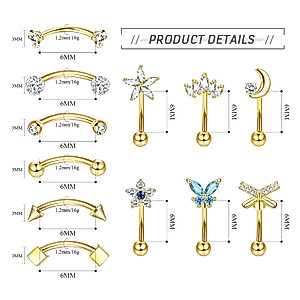 JOERICA 12Pcs 16G Rook Daith Earrings for Women Stainless Steel Eyebrow Piercing Jewelry Curved Barbell Short Belly Lip Rings 6mm 8mm