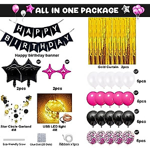 Black and Hot Pink Birthday Decorations, Happy Birthday Decorations,Happy Birthday Banner with LED light Gold Metallic Tinsel Foil Fringe Curtains Stars Confetti Balloon Birthday Decorations for Women Girls Boys Men