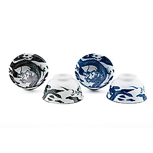 Authentic Japanese Porcelain Rice Bowl Set of 4 Oriental Dragon Blue and Black Gift Set Made In Japan (5"D x 2.75H)