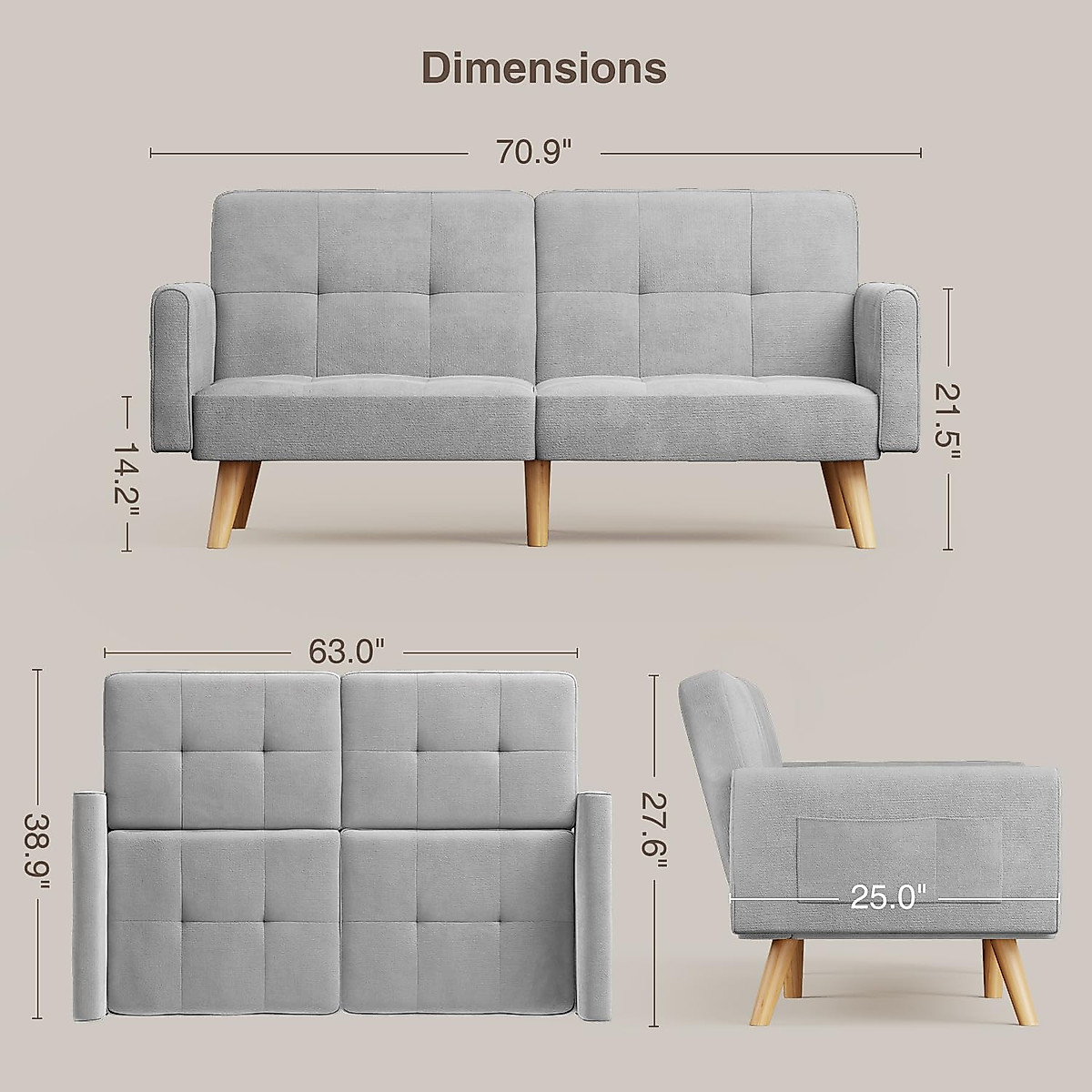 Gizoon Futon Couch Bed, 70.9" Sleeper Sofa with Adjustable Backrest, Modern Folding Daybed for Living Room, Dorm, Bedroom, Apart, 6 Legs and 2 Extra Support Rods, Removable Armrests