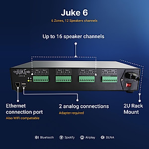 Juke-6 | 6 Zone Audio Amplifier | Wirelessly Controlled Multi-Room Audio System | Compatible with Airplay 2, Spotify Connect, Bluetooth, DLNA