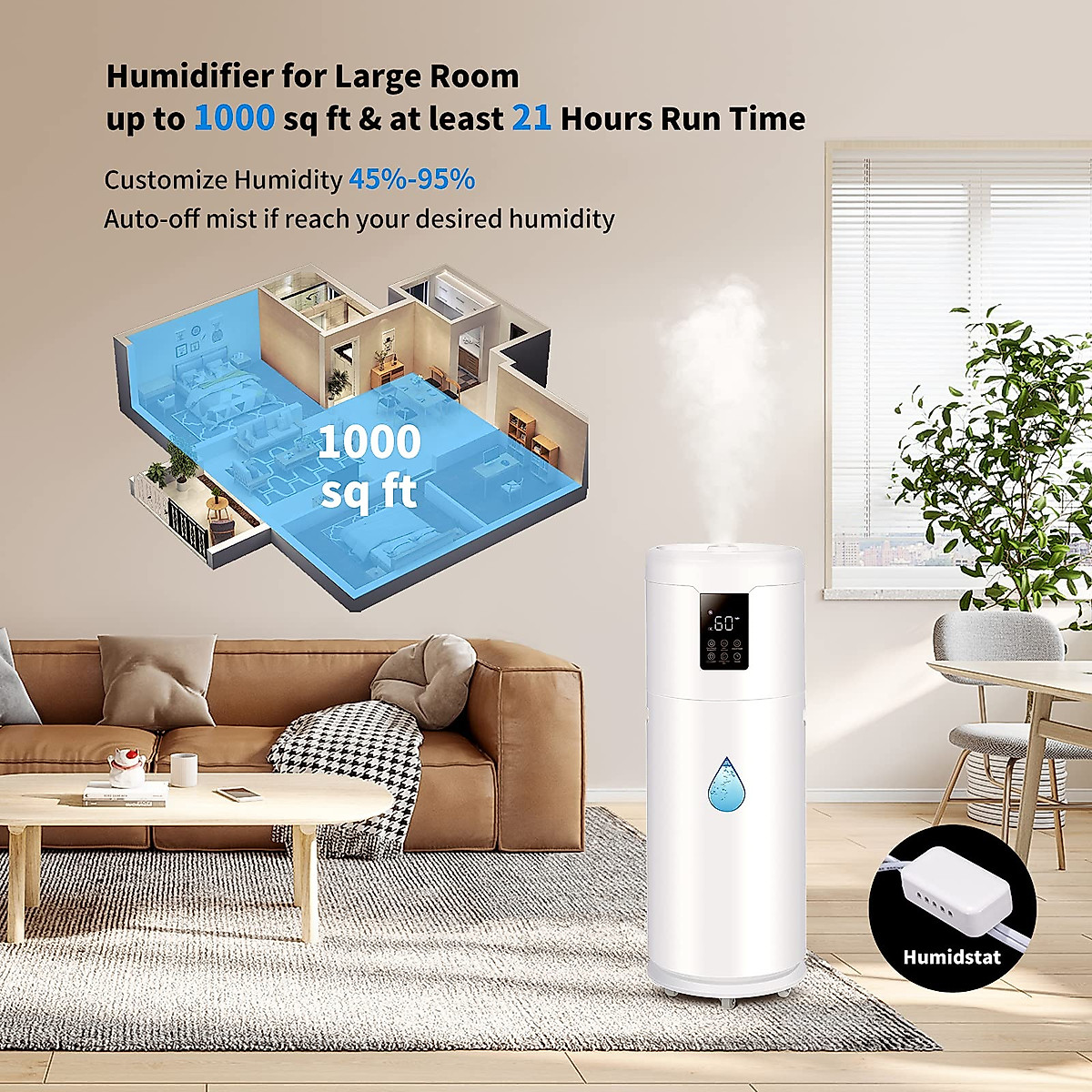 Tower Humidifiers Large Room Bedroom 1000 sq ft,Honovos 17L 4.49Gal Ultrasonic Cool Mist Topfill Humidifier with 360°Nozzle 4 Speeds Humidistat Essential Oil Tray for Plant Home School Office
