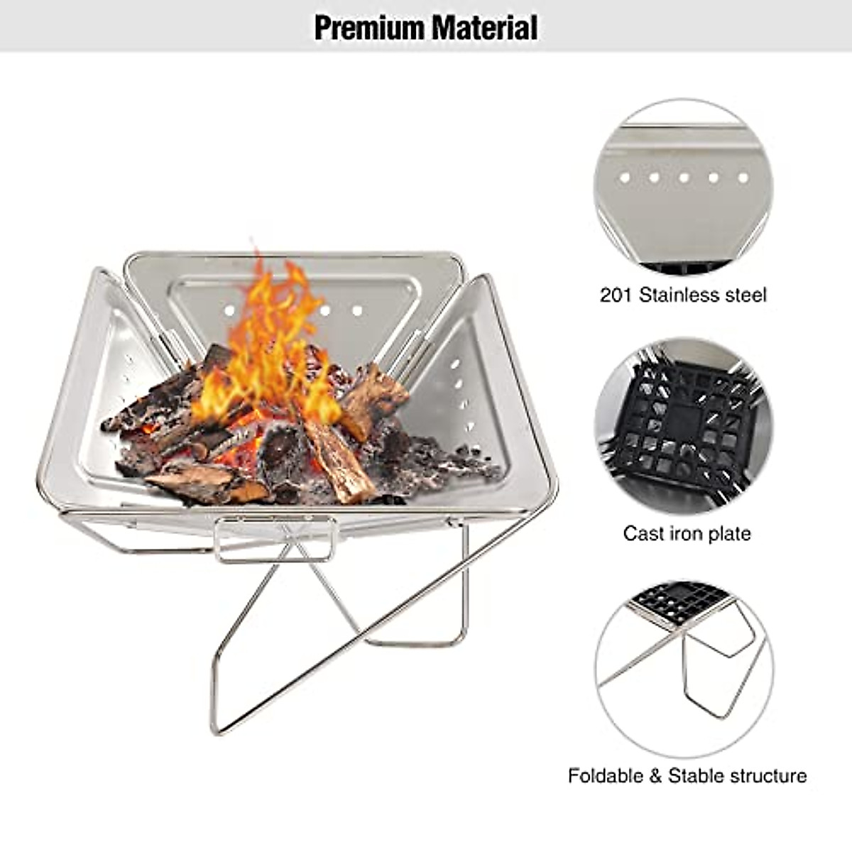 Lineslife 17'' Portable Outdoor Fire Pit for Camping, Folding Heavy Duty Stainless Steel Firepit, Foldable Wood Burning Fire Pit with Carrying Bag for Outdoor Backyard Patio, Beach Parties, Garden