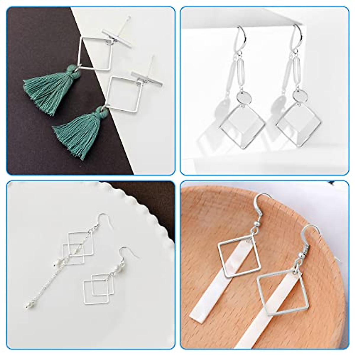 80Pcs Earring Hoop Jewelry Making Earring Beading Hoop Rings Earring Finding Hypoallergenic Square Earrings Beading Hoop Bulk Open Bezel Pendant Frame for DIY Crafts Accessories Supplies(Silver)