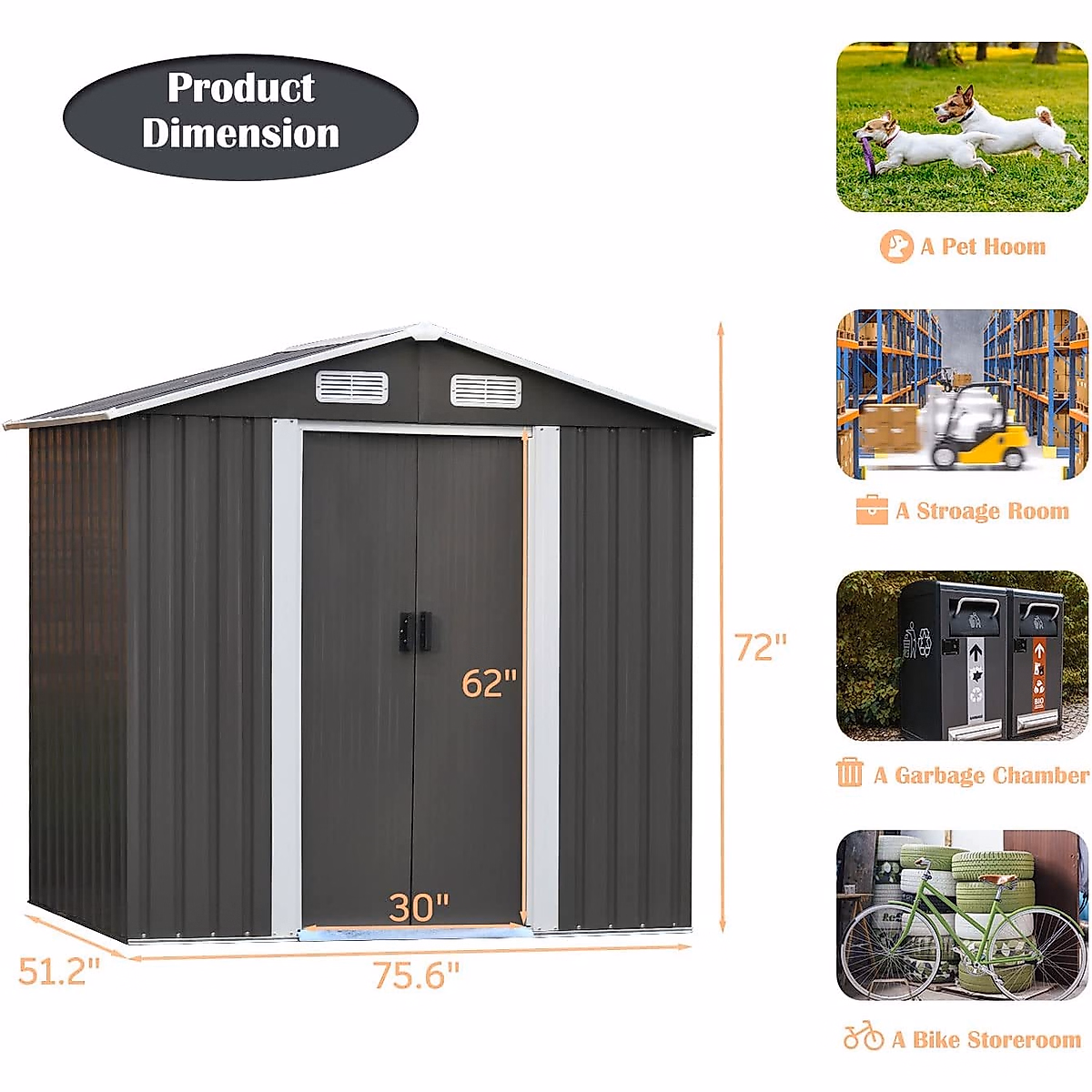 6' x 4' Outdoor Storage Shed, Outdoor Metal Storage Sheds with Sliding Door for Bike, Garden Shed Small Tool Outside Storage Cabinet for Backyard, Patio, Lawn, Spire