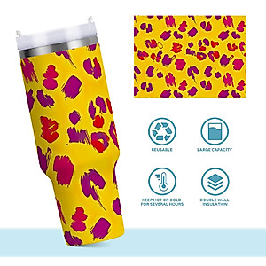 ODAWA 40 Oz Double Wall Insulated Tumbler, Leopard Yellow Stainless Steel Tumbler with Handle and Straw Lid