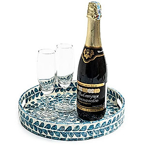 CLAYNIX Serving Tray 12.5 Inch, Lacquer Mother of Pearl Inlay Mosaic Tray, Round Wooden Marble Tray with Handles Trays for Tea, Breakfast (Leaf Style)