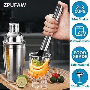 ZPUFAW 5-Piece Cocktail Shaker Set 24oz Shaker Strainer Jigger T-Mixing Spoon Pour Spout Bartender Kit Stainless Steel Bar Set Housewarming Gift