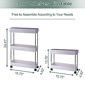 Slim Storage Cart, 3 Tier Mobile Shelving Unit Organizer, Slide Out Rolling Utility Cart Shelf Rack for Kitchen Bathroom Laundry Room Narrow Places, Plastic & Stainless Steel, Gray