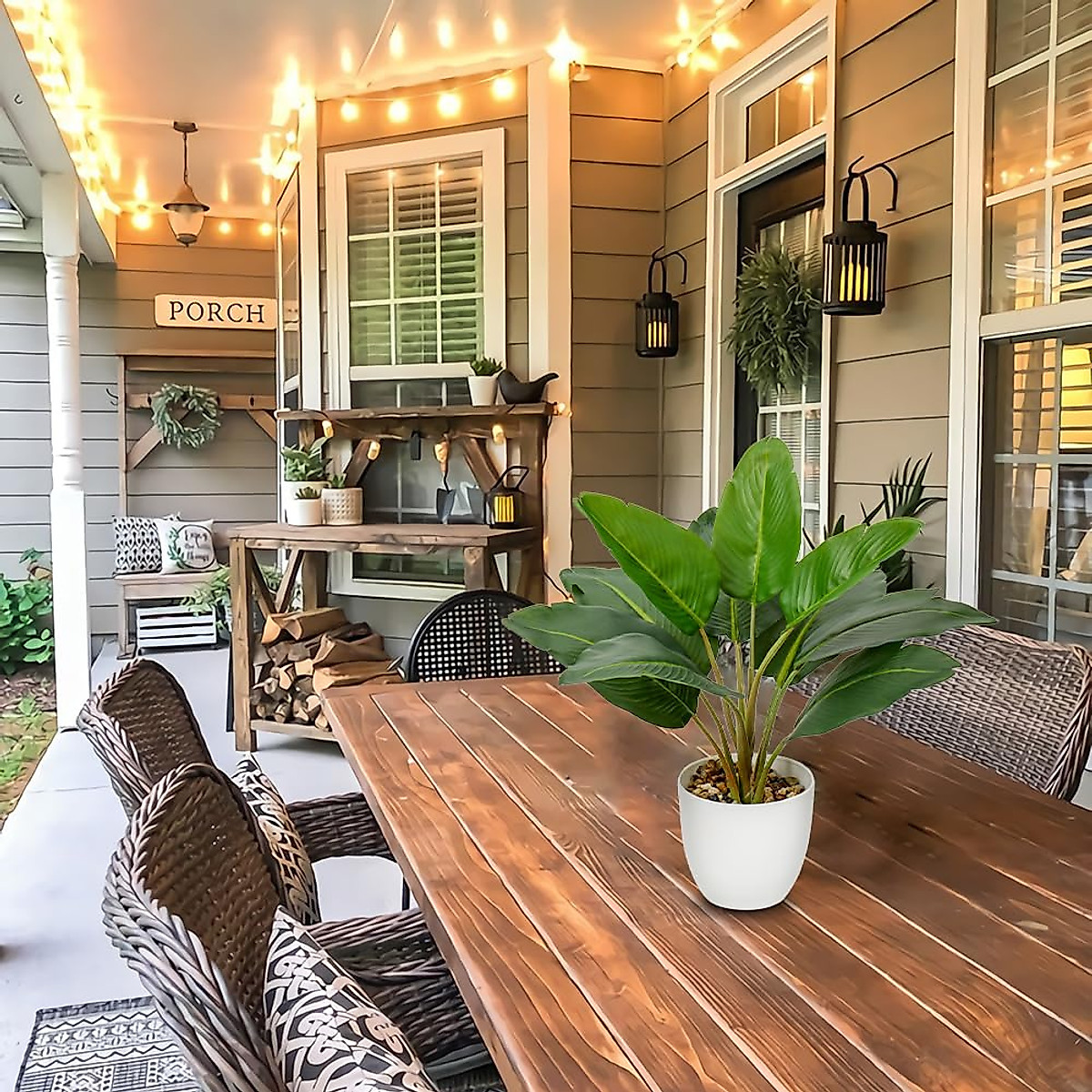 Hollyone Artificial Bird of Paradise Plant in Pot, Fake Palm Tropical Potted Plant 15" Faux Plantain Banana Leaf Plant for Indoor Outdoor Home Desk Office Garden Decoration