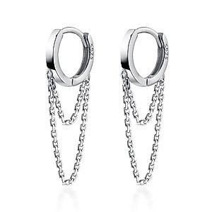 Reffeer 925 Sterling Silver Tassel Chain Drop Dangle Small Hoop Earrings Huggie for Women Teen (Silver)