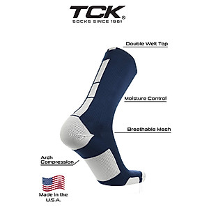 TCK Sports Elite Performance Crew Socks, Navy/White, Large
