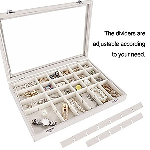Mebbay 35 Grid Velvet Jewelry Tray Organizer Felt Jewelry Box Tray Holder with Clear Lid for Drawer, Stud Earring Necklace Bracelet Ring Healing Stones Storage (Creamy White), 13.8" x 9.4" x 2"