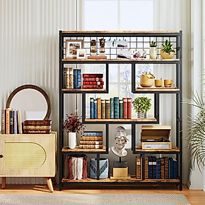 IRONCK Bookshelf and Bookcase 6-Tier 55 in Large Etagere Bookcase, Industrial Open Display Shelves Geometric Bookcase with Sturdy Metal Frame, Vintage Brown