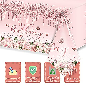 HAKOTI Pink Rose Gold Tablecloth Decoration - 3 PCS Happy Birthday Tablecloth Disposable Plastic Sequin Tablecloth Girls Birthday Wedding Party Tablecloths for 50th 60th 70th 80th Men or Women