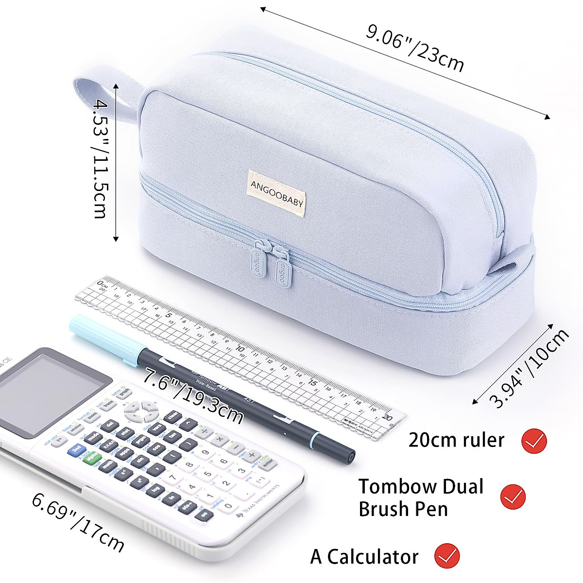 ANGOOBABY Big Capacity Large Pencil Case Canvas Pen Pouch Bag with 2 Compartments for Girls Boys Teen School Students Adults - Blue