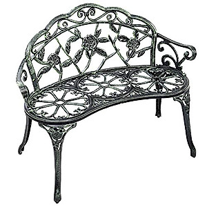 Giantex Outdoor Garden Bench Iron Patio Benches for Outdoors, Porch Bench Chair with Curved Legs Cast Aluminum Rose Antique Style, Green