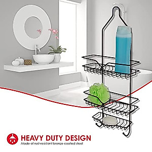 Home Basics Classic 2 Shelf Shower Caddy with Bottom Hooks and Center Soap Dish Tray, Bronze