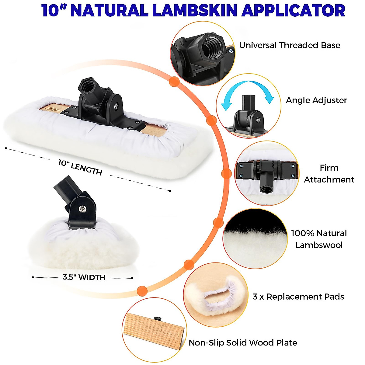 PinStone 10-Inch Lambswool Applicator Kit, 0° to ±90° Adjustable Lambskin Stain Applicator with 3 Lambs Wool Refill Pads, Wood Stain Applicator, Stain Applicator for Wood Deck, Floor Finish, 4 Pack