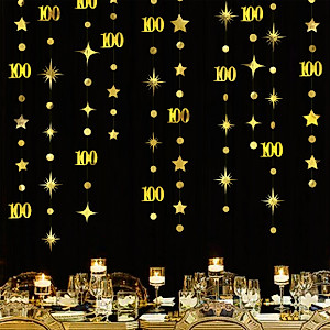 Gold 100th Birthday Decorations Number 100 Circle Dot Twinkle Star Garland Hanging Streamer Bunting Banner Backdrop for Women Mens 100th Anniversary Babys Happy 100 Days Birthday Party Decor Supplies