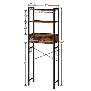 HOOBRO Over The Toilet Storage, 3 Tier Bathroom Organizer Shelf with Drawers, Freestanding Bathroom Space Saver with Toilet Paper Holder and Hook, Saving Space, Rustic Brown BF45TS01