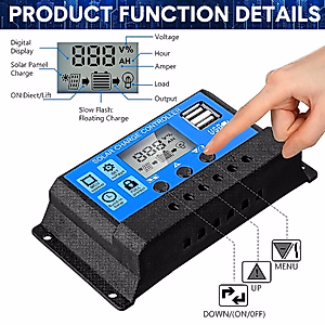 12V/ 24V Auto Solar Charge Controller Photovoltaic Panel Regulator with Adjustable LCD Display Dual USB Port Timer Setting PWM Auto Parameter (30 A)