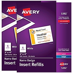 Avery Customizable Name Badge Inserts, 3" x 4", White, 2 Packs of 300, 600 Printable Name Tag Inserts Total (35392)