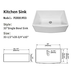 Fongcern 33 Inch Ceramic Kitchen Sinks,Fireclay Undermount Flat Apron Front Reversible White Porcelain 33" Farmhouse Sink Farm Sink With Protective Stainless Gird and Strainer…