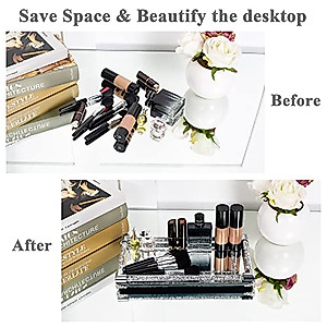 SHYFOY 12.5in Mirror Perfume Vanity Tray Crushed Diamond Filled Crystal Decorative Tray Silver Glass Tray Coffee Table Top Tray Decor Makeup Jewelry Tray Bathroom Washstand Tray for Dresser Home Decor