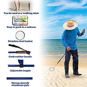 Sand Dipper Full Size Beach Scoop Shovel & Sifter Tool for Beachcombing – Adjustable Sea Glass, Shell, Shark Tooth Sifter for the Beach – Can Be Used as a Walking or Hiking Stick Too – 6”Basket (blue)