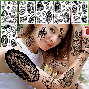 TASROI 6 Sheets Large Chicano Temporary Tattoos For Men Women Adult, Chicana Guadalupe Gangster Fake Tattoos Prisoner Day of the Dead, Halloween Mexico Tattoo Stickers, Tatuajes Temporales Autocolante