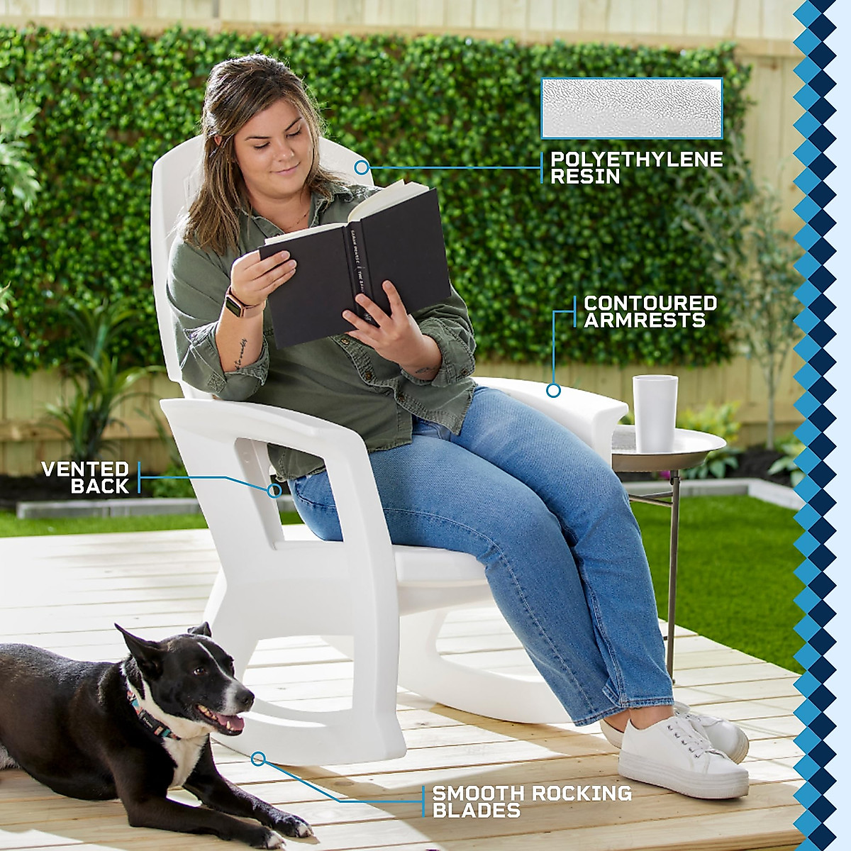 Semco Plastics Rockaway Heavy Duty Resin Rocking Chair, Low Maintenance All-Weather Rocker w/Easy Assembly for Deck & Patio, 600lbs Capacity, White