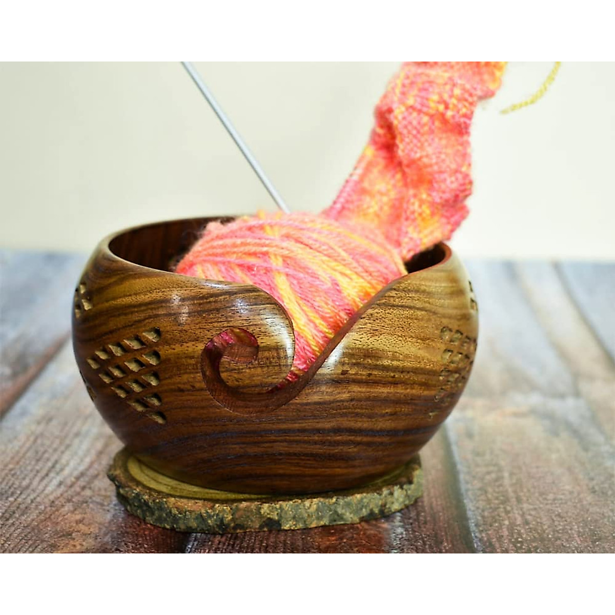 Ajuny Wooden Crafted large Yarn Ball Storage Bowl with Elegant Design Spiral Yarn Dispenser | Carved Holes | Knitting Crochet Accessories - Gift for ladies