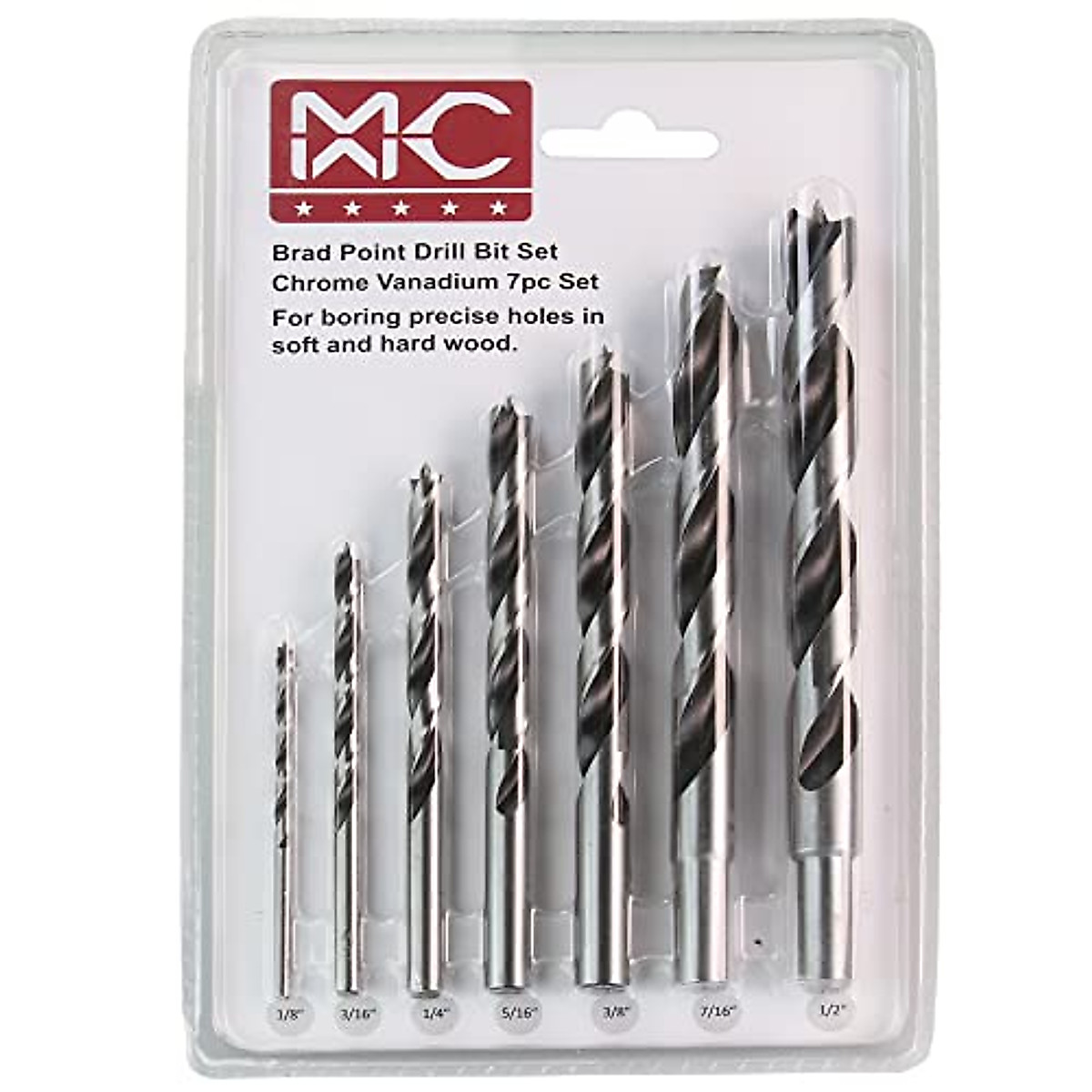 MKC Chrome Vanadium Brad Point Drill Bit Set, 7-Piece Imperial Sizes Includes 1/8 Inch Inch, 3/16 Inch Inch, 1/4 Inch Inch, 5/16 Inch Inch, 3/8 Inch Inch, 7/16 Inch Inch, 1/2 Inch Inch Inches
