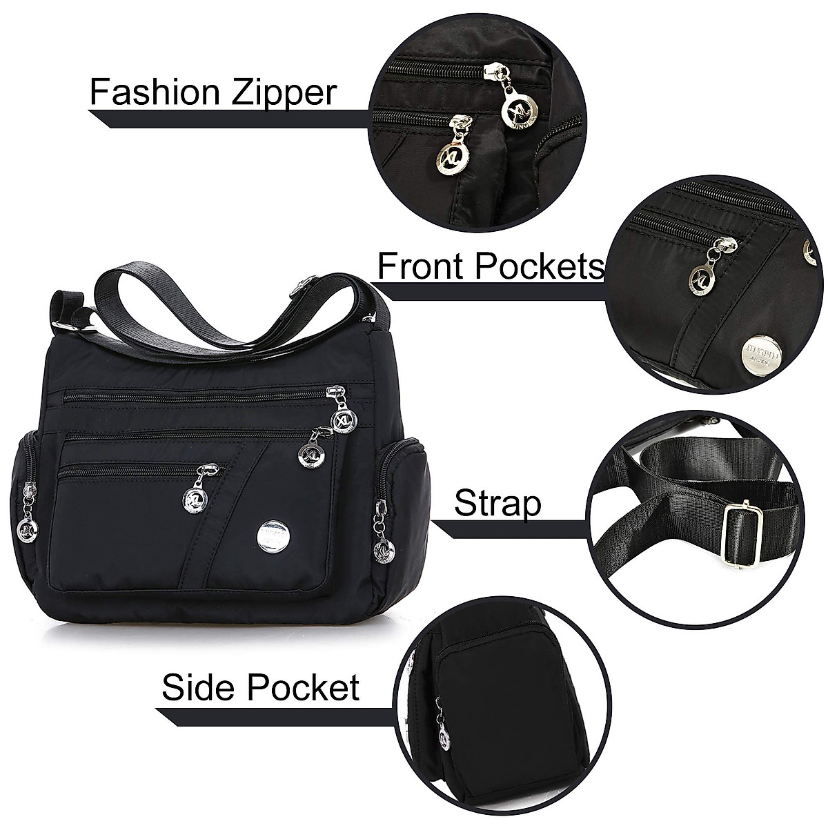 Nylon Crossbody Bags for Women Multiple Pockets Shoulder Purses Small Ladies Satchel Purse with Adjustable Strap Black