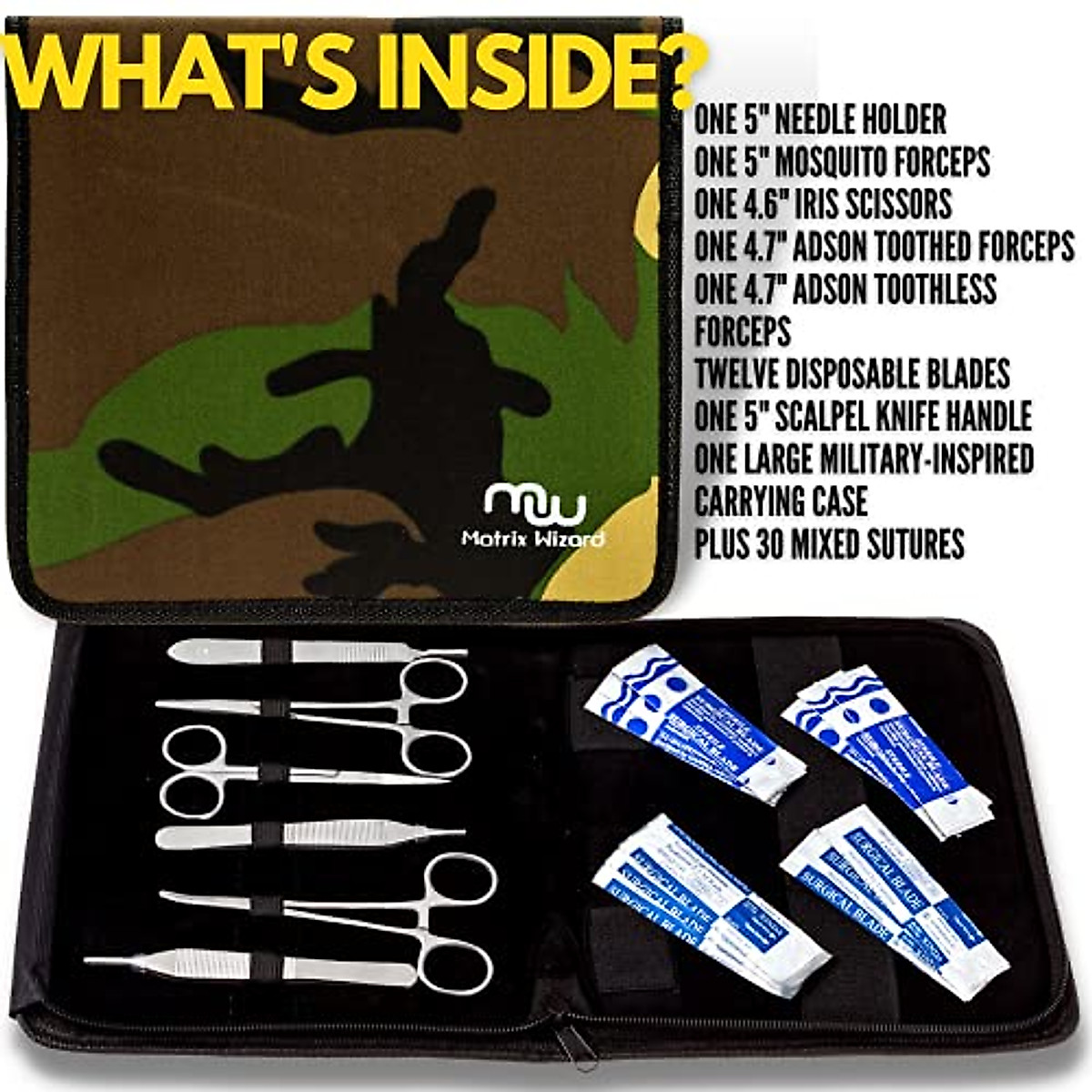 Sterile Mixed Sutures Thread with Needle Plus Training Tools - Military First Aid Emergency Survival Drill; Camping Travel Preparedness; Military Trauma Kit; Vet Student's Use (49PK Mixed Tools)