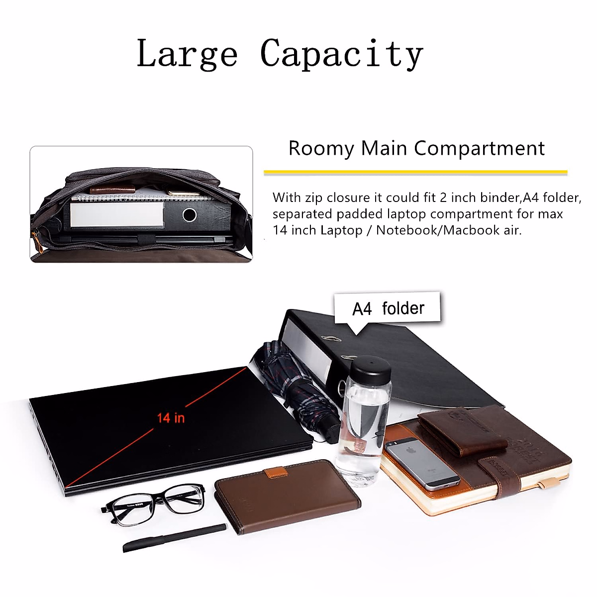 ESTARER 13-14 Inch Laptop Messenger Bag Water-Resistant Canvas Shoulder Bag for Business College, Grey