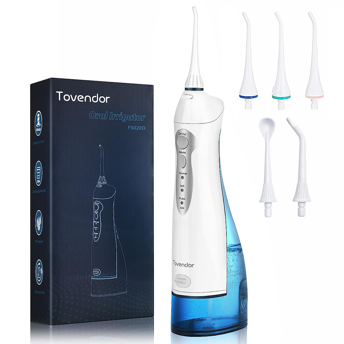 TOVENDOR Electric Water Flosser, Cordless Rechargeable Dental Oral Irrigator IPX7 Waterproof 300ML Travel Water Teeth Cleaner with 5 Tips for Braces Care Teeth Gums Cleaning, Home Office Daily Use