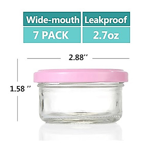 Delove [7 Pack] 2.7 oz Small Glass Condiment Containers with Lids - Salad Dressing Container to Go - Dipping Sauce Cups Set - Leak proof Reusable Sauce Containers for Lunch Box Picnic Travel - Pink