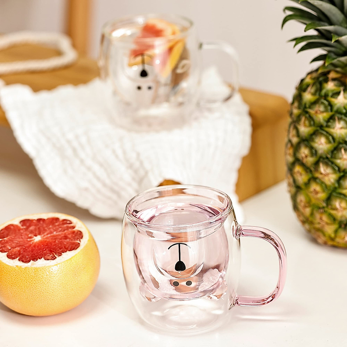 SHENDONG Cute Bear Mugs Set of 2 Cute Cups Bear Tea Coffee Cup with Handle 8.5oz Milk Cup Double Wall Insulated Glass Espresso Cups Glass Gift for Birthday Valentine's Day and Office (White Pink)