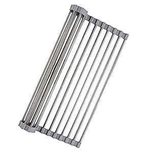 HIGEEK Roll Up Dish Drying Rack Over The Sink Dish Rack Kitchen Rolling Dish Drainer Over Sink, Foldable Sink Rack Mat Stainless Steel Wire Dish Drying Rack for Kitchen Sink Counter (17.5''x11.8'')