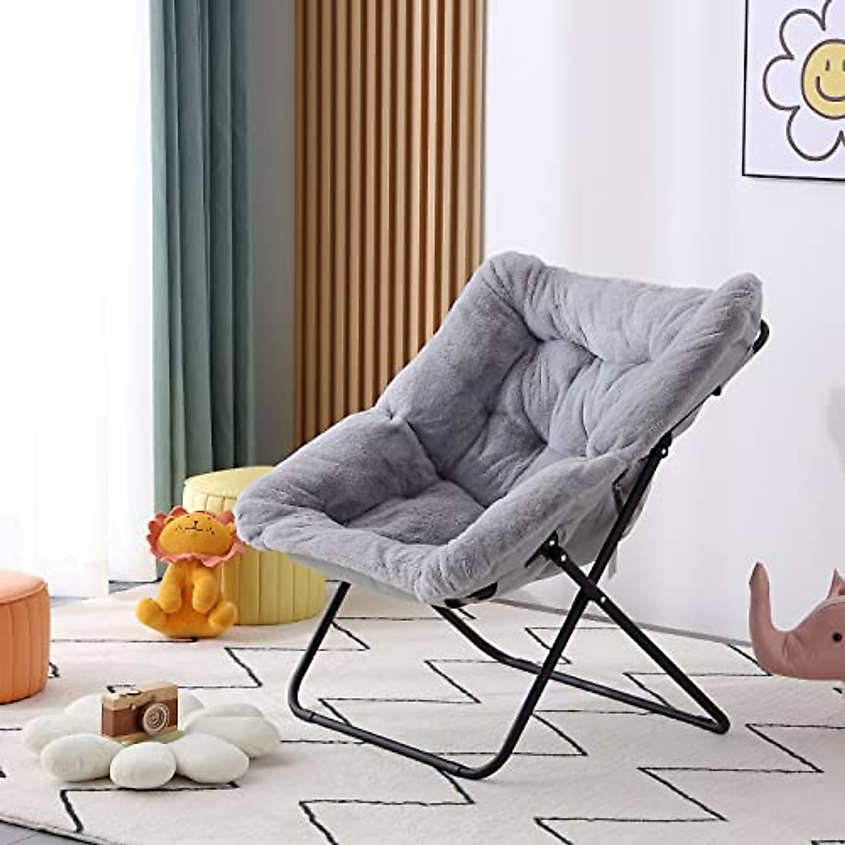 Givjoy Saucer Chair, Soft Faux Fur Oversized Folding Accent Chair, Soft Furry Lounge Lazy Chair, Metal Frame Moon Chair for Bedroom, Living Room