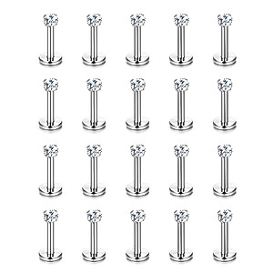 Helicopchain 20Pcs 16G Hypoallergenic Stainless Steel Lip Studs Labret Piercing With 3mm CZ Cartilage Tragus Helix Monroe Piercing Stud Jewelry 6mm 8mm 10mm